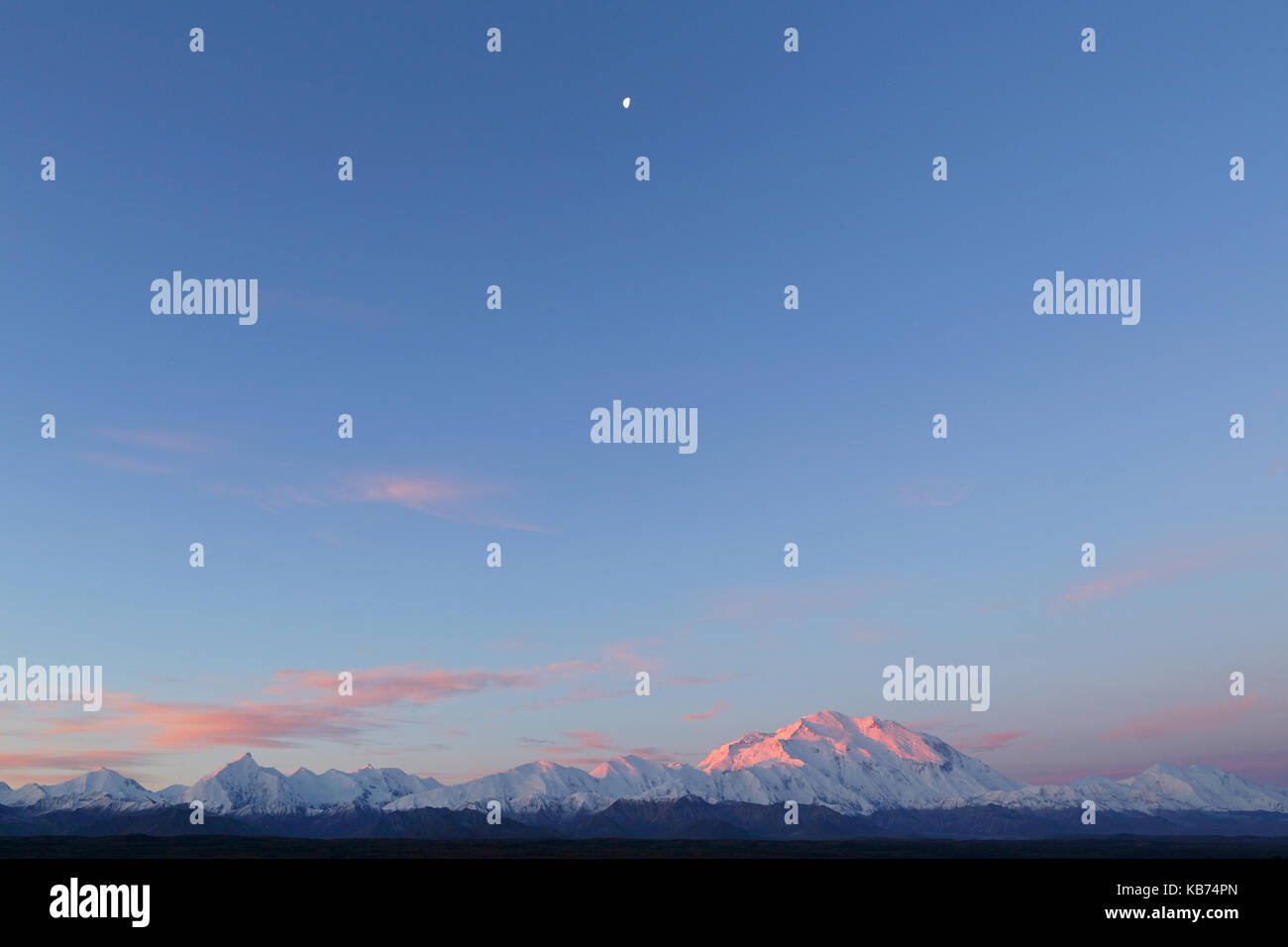 Moon, alpenglow and Denali, also known as Mount McKinley, its former ...