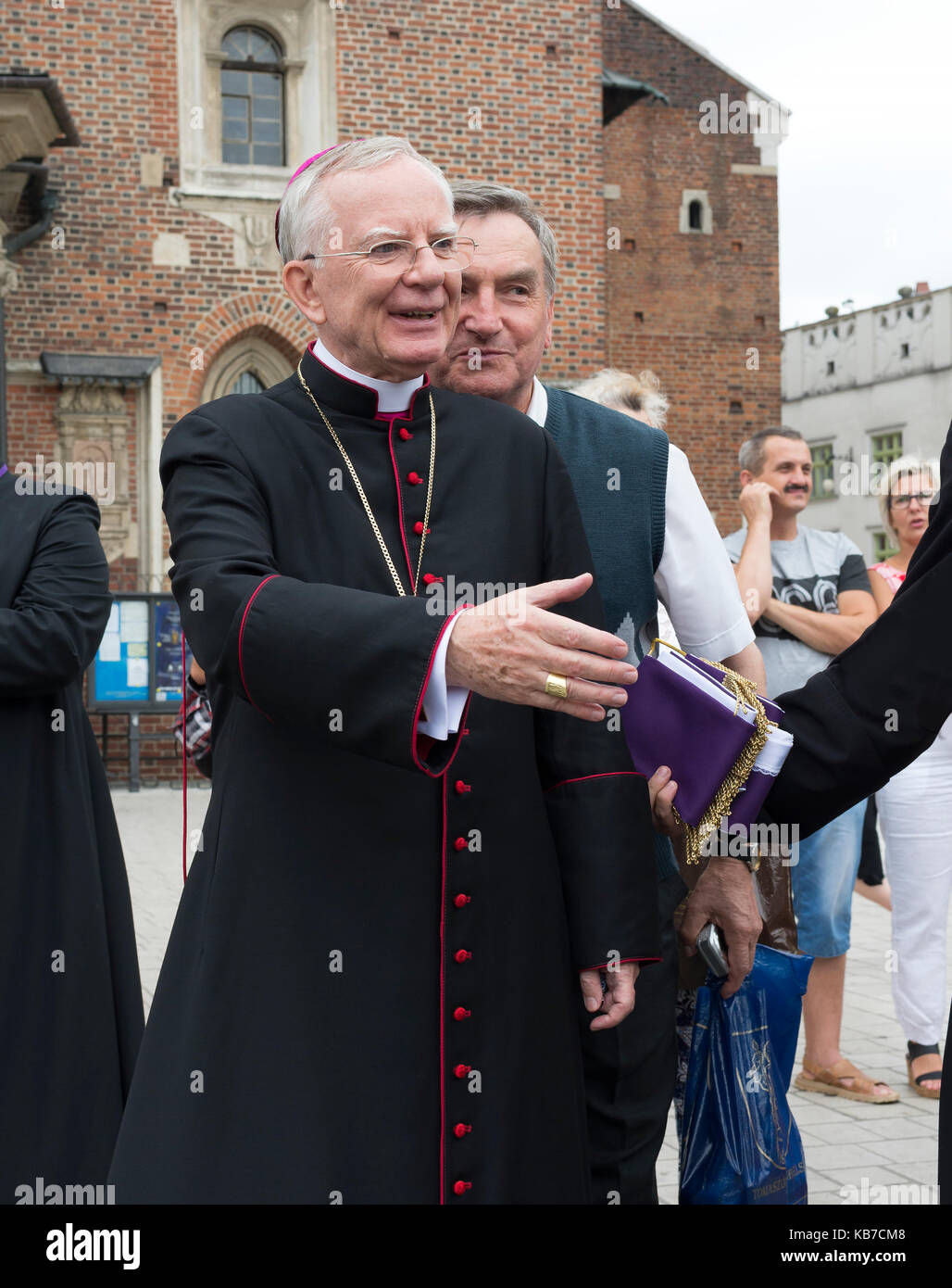 KRAKOW, POLAND-AUGUST 6, 2017:bishop Marek Jedraszewski greets pilgrims ...