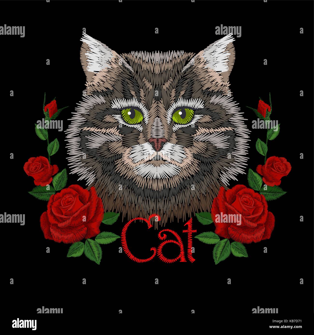 Brown gray striped cat eyes face head flower arrangement. Embroidery ...