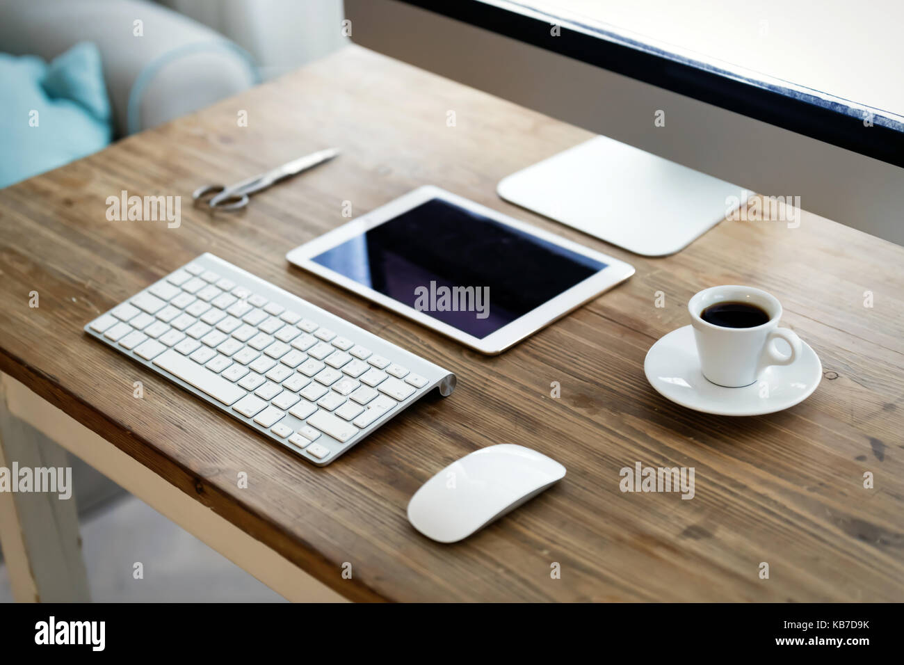 Picture of office desk with tablet computer and other accessories Stock ...