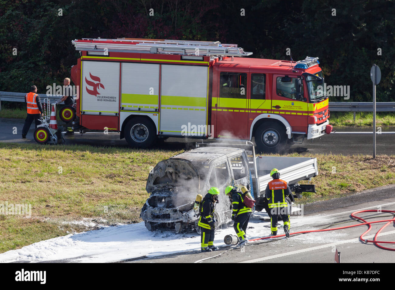 Frankfurt, Germany - Sep 19, 2017: Burning truck on the highway in ...