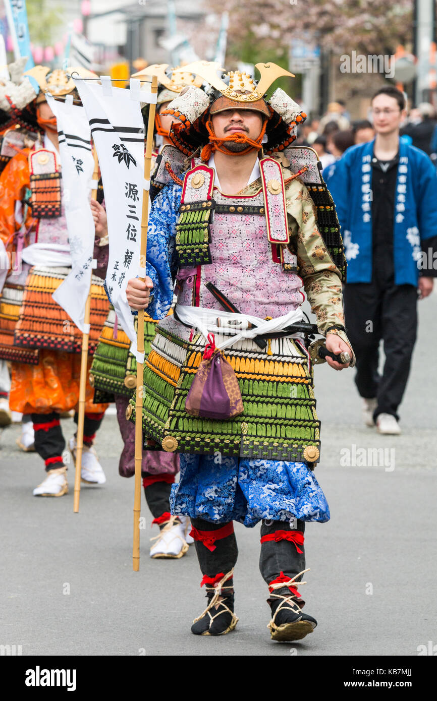 Genji parade, yearly procession through streets of Tada, Japan. Man in ...