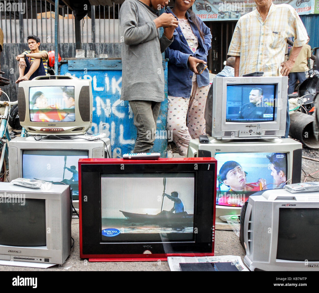 Used television sell at street market, Palembang, Sumatera Stock Photo ...
