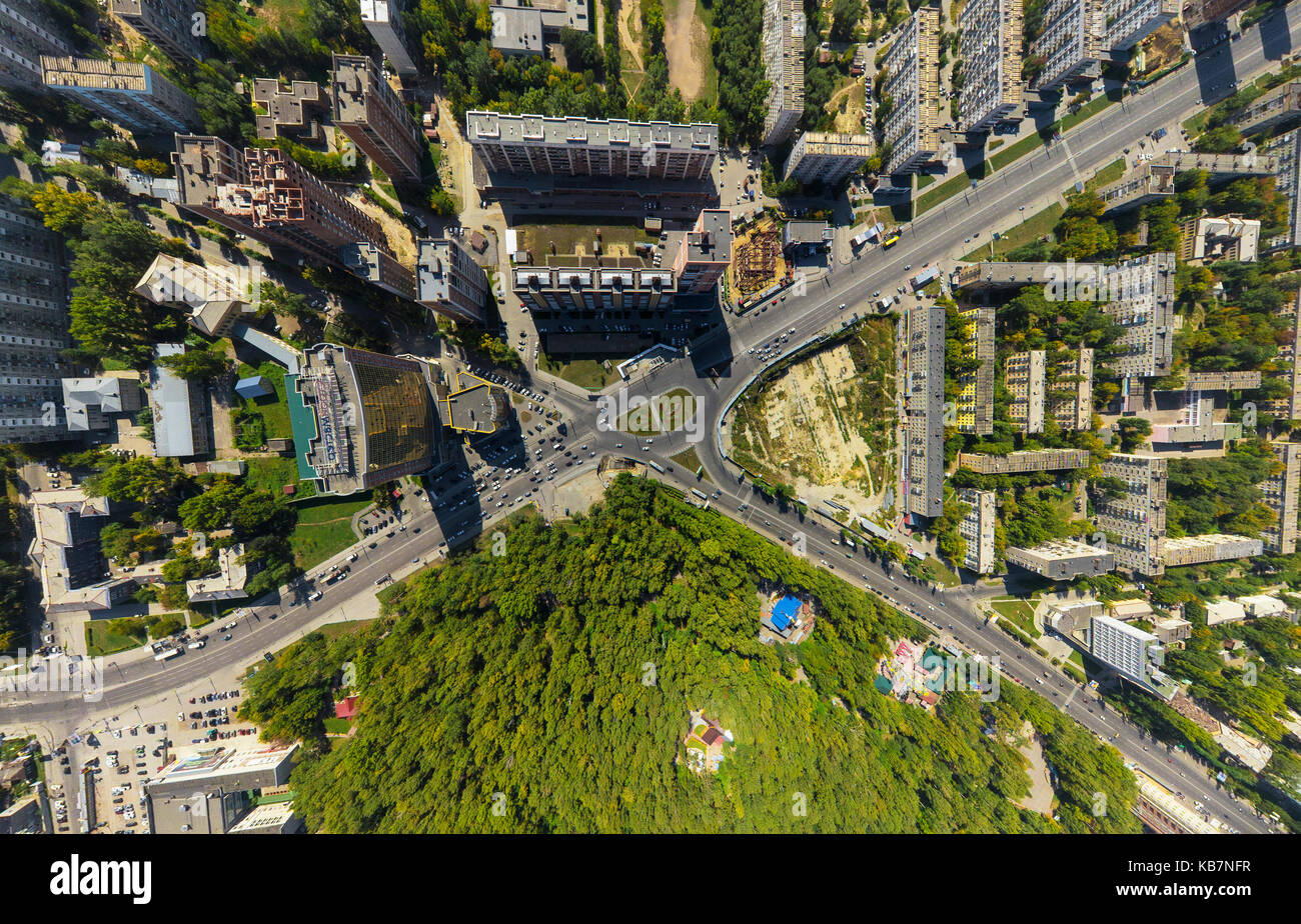 Aerial view of downtown. Crossroads, houses, buildings and parks Stock ...