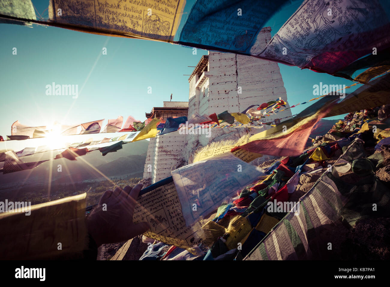 Prayer tibetan flags near the Namgyal Tsemo Monastery in Leh, Ladakh ...