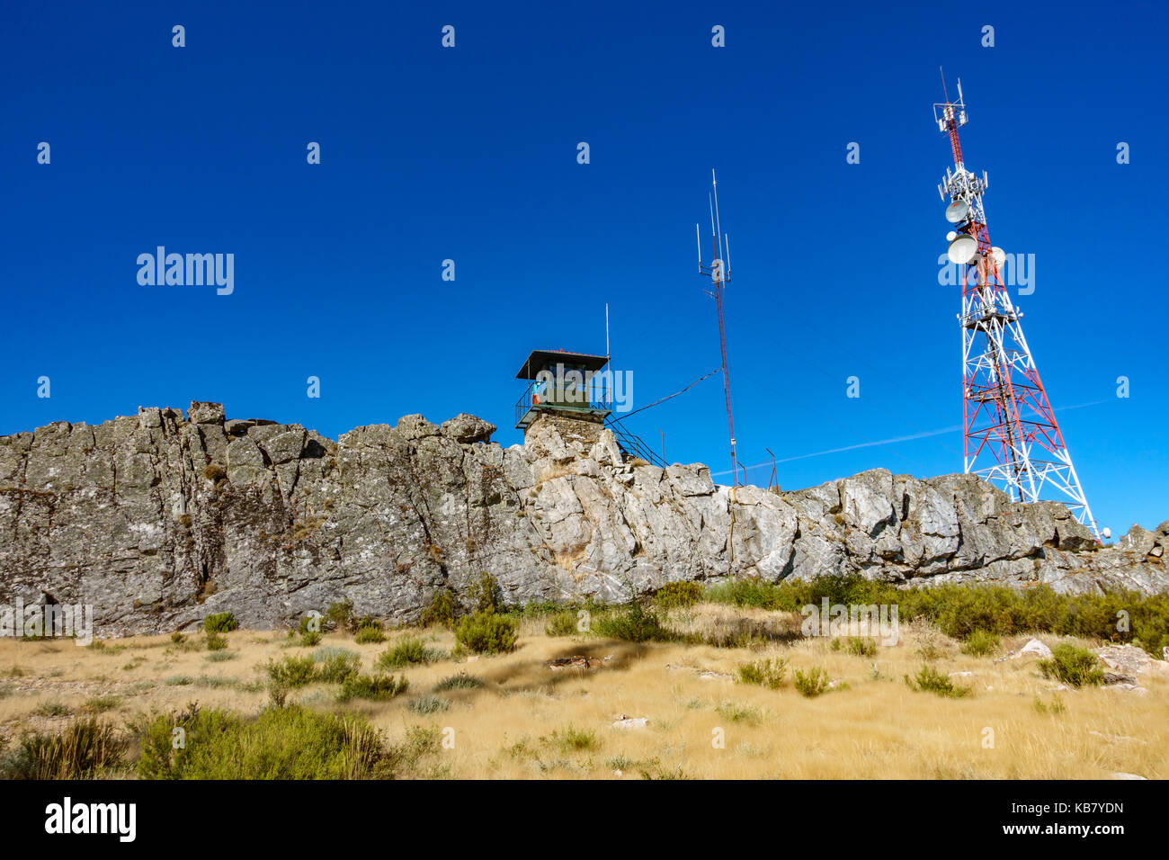 Fire watching hut and communication tower over the rocks Stock Photo ...