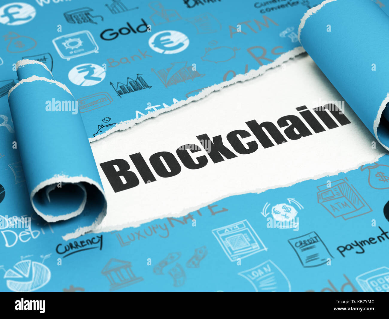 Money concept: black text Blockchain under the piece of torn paper ...