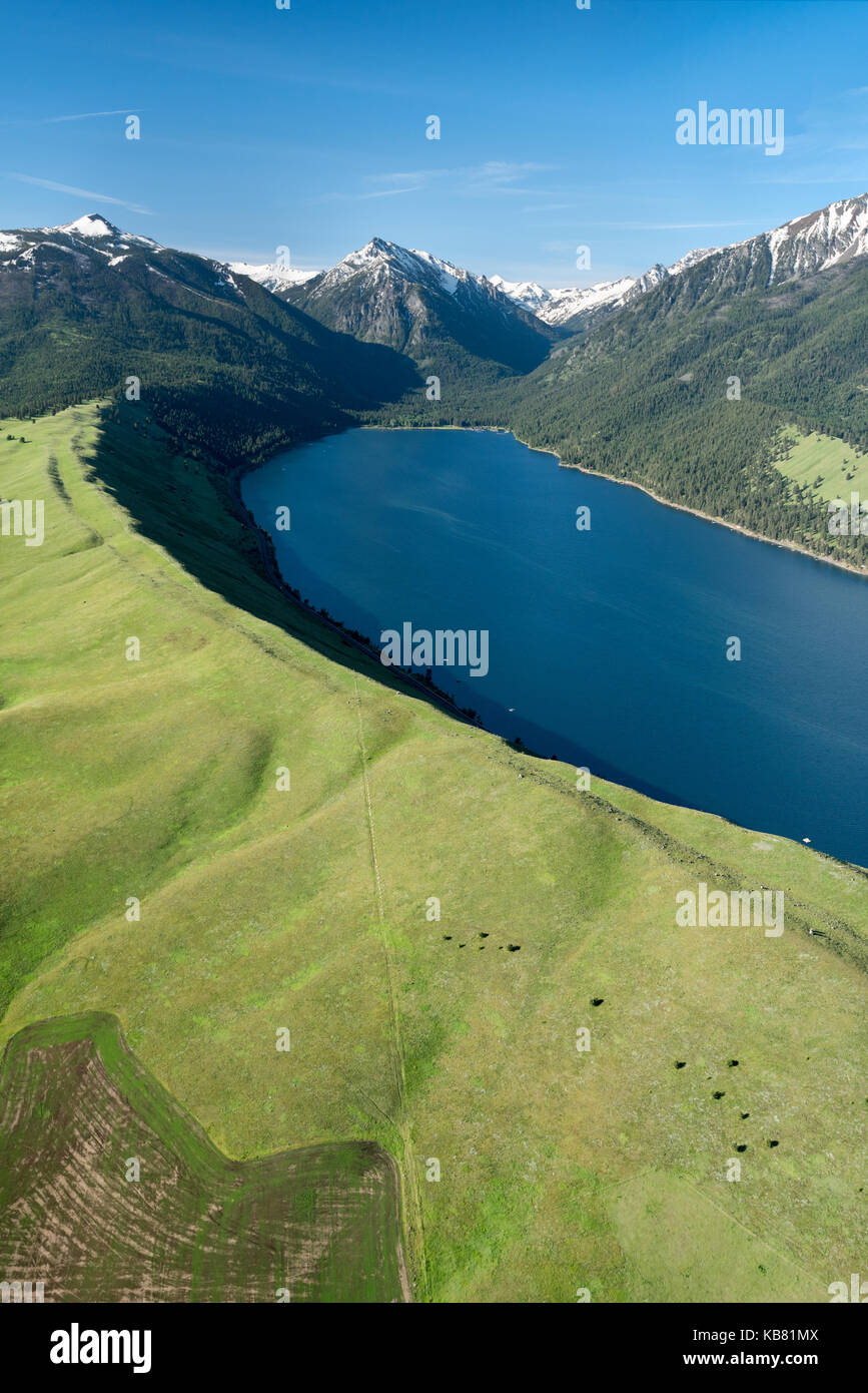 Aerial view of Wallowa Lake and the Wallowa Mountains in Northeast ...