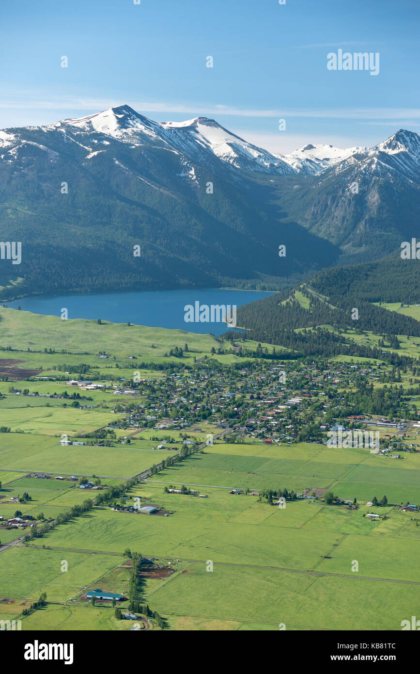 Aerial view of the town of Joseph, Wallowa Lake and the Wallowa ...
