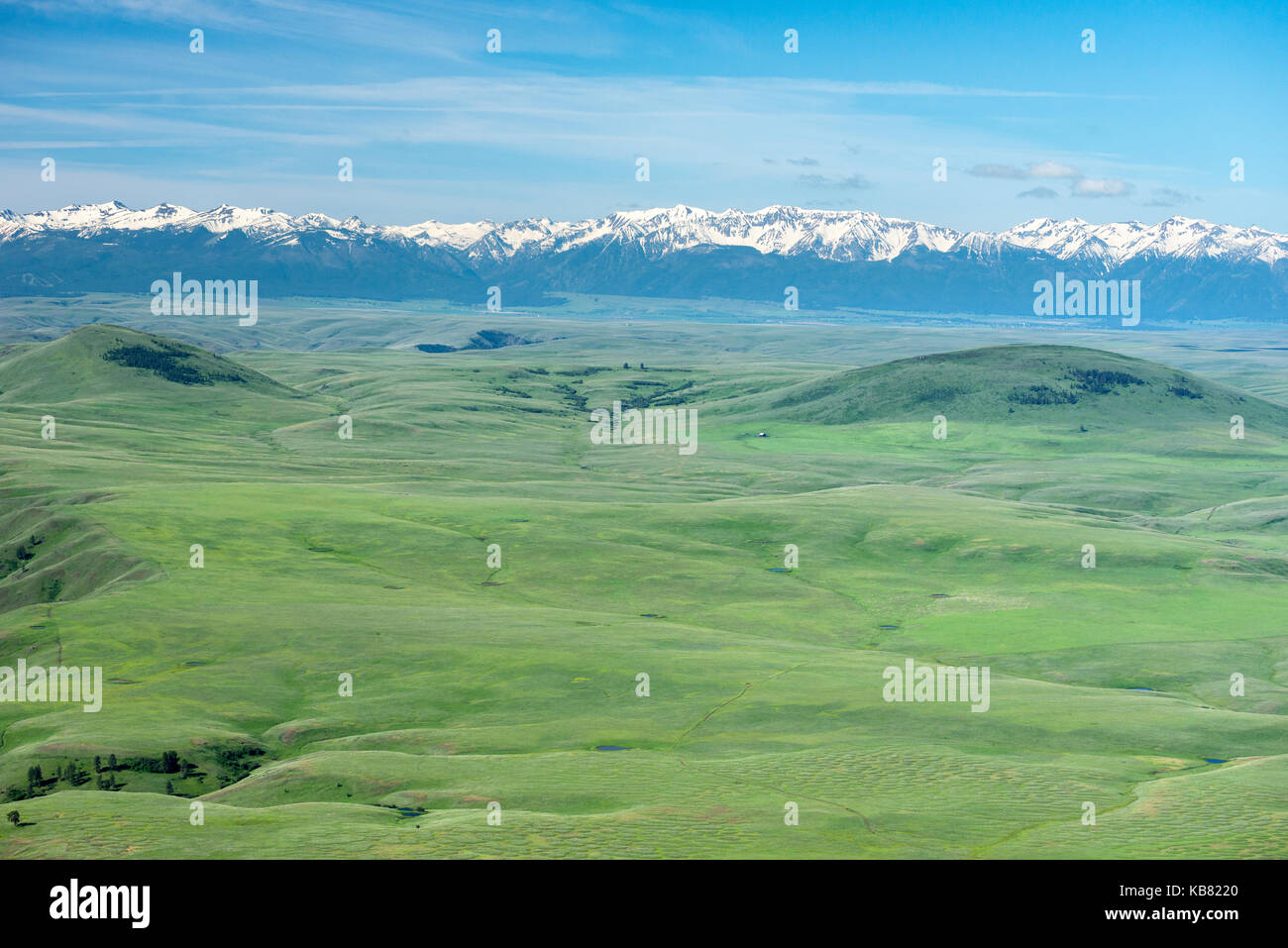Aerial view of the Zumwalt Prairie, the Wallowa Valley and the Wallowa ...