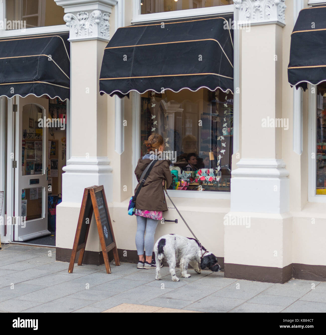 Woman with a dog looking in to the shop window Stock Photo - Alamy