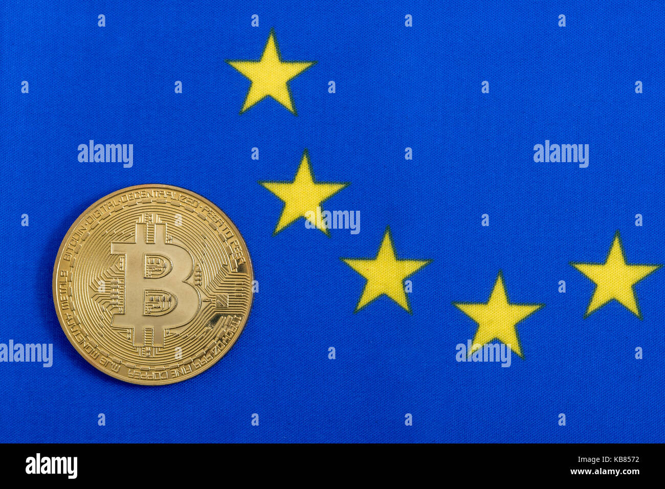 Blue EU flag with gold bitcoin - as metaphor for the European Digital ...