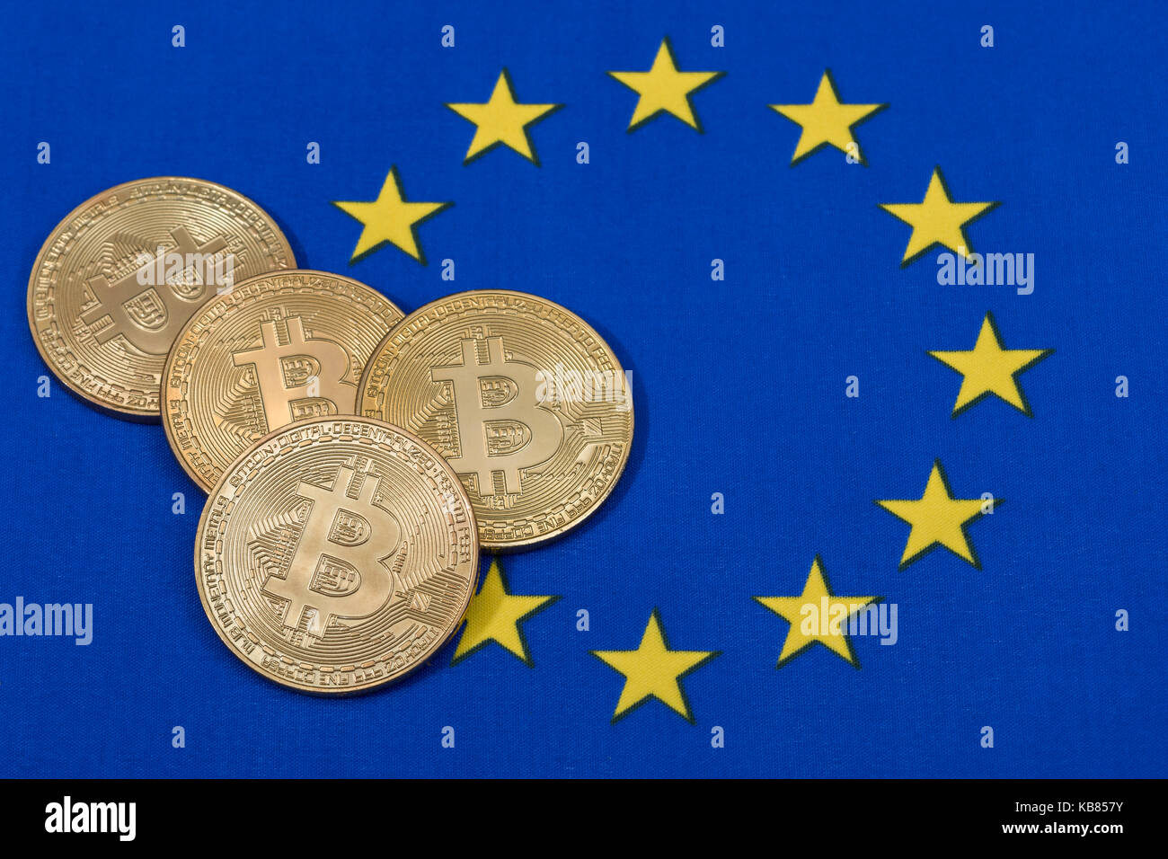 Blue EU flag with gold bitcoin - as metaphor for the European Digital ...
