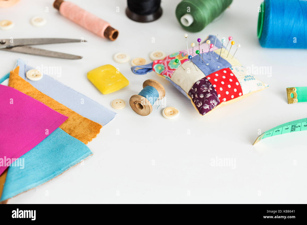 sewing tools, patchwork, tailoring and fashion concept - close-up on ...