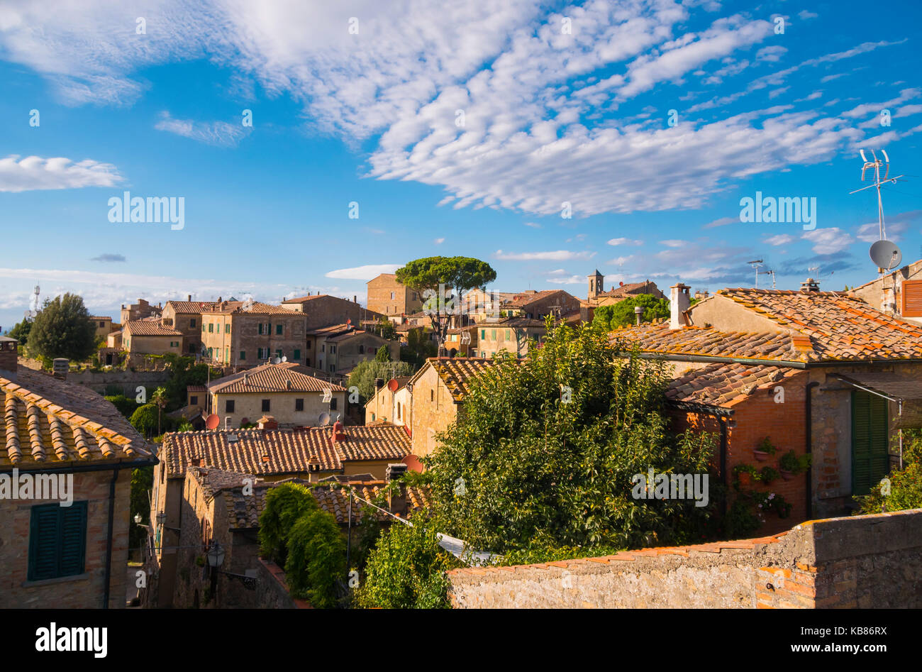 Aerial view over the historic city center of Volterra - a village in ...