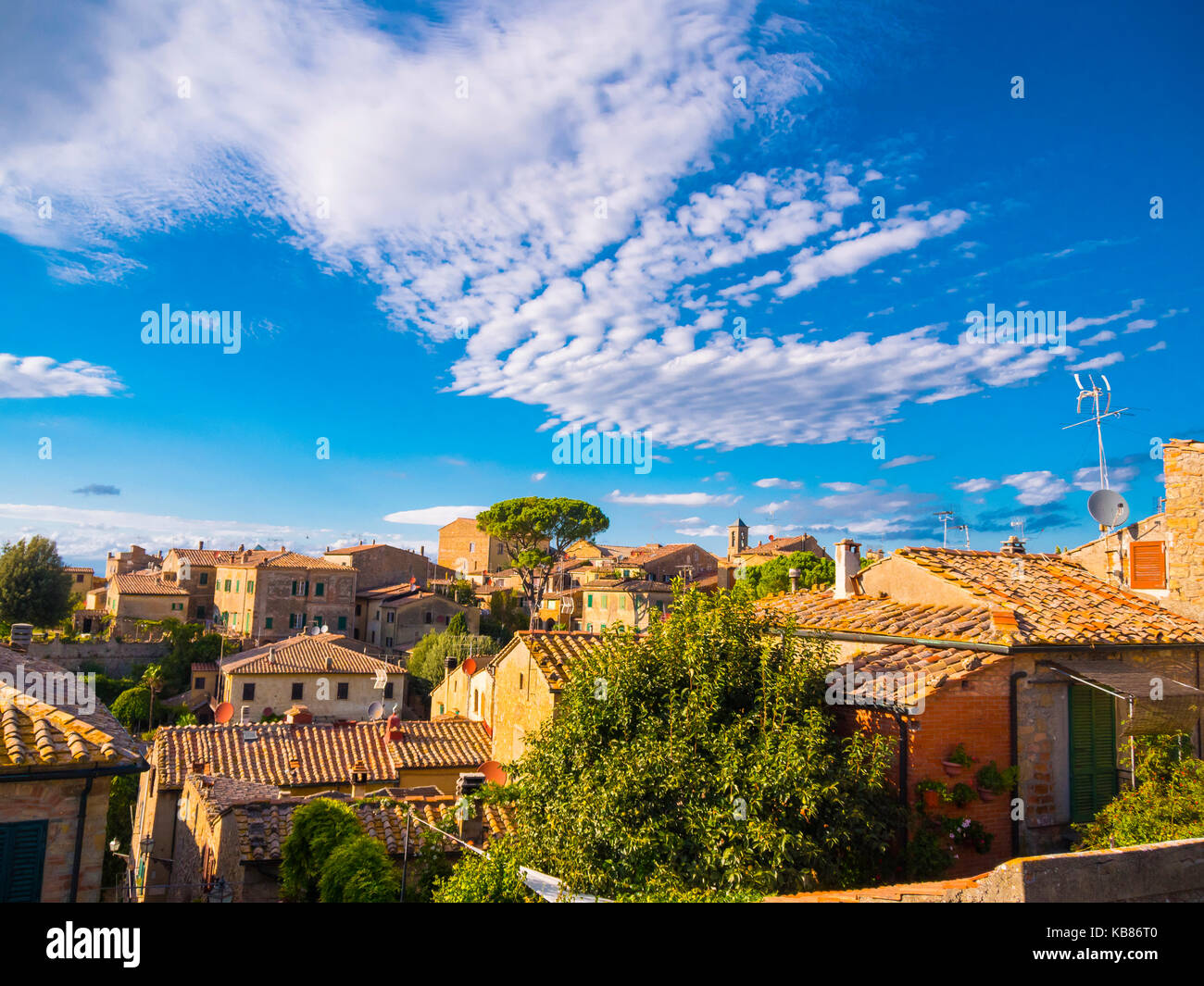 Aerial view over the historic city center of Volterra - a village in ...