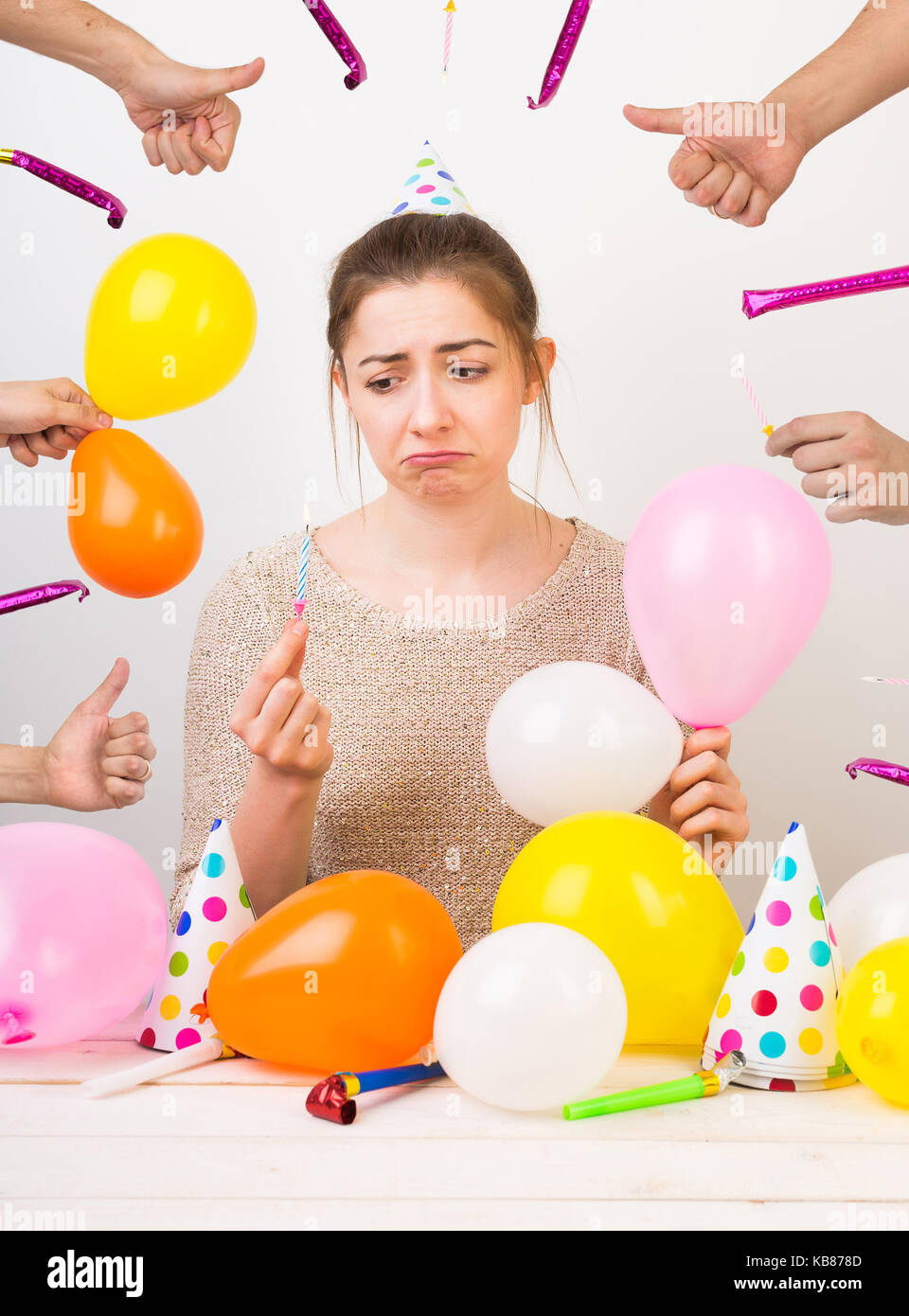 party, amusement, presents concept. disappointed and sad girl with ...