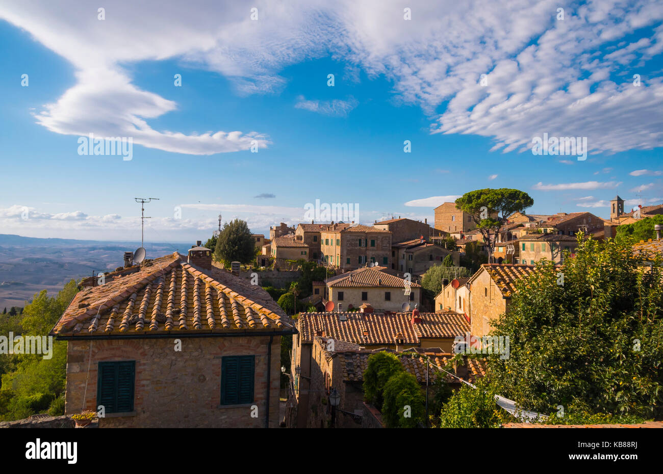 Aerial view over the historic city center of Volterra - a village in ...
