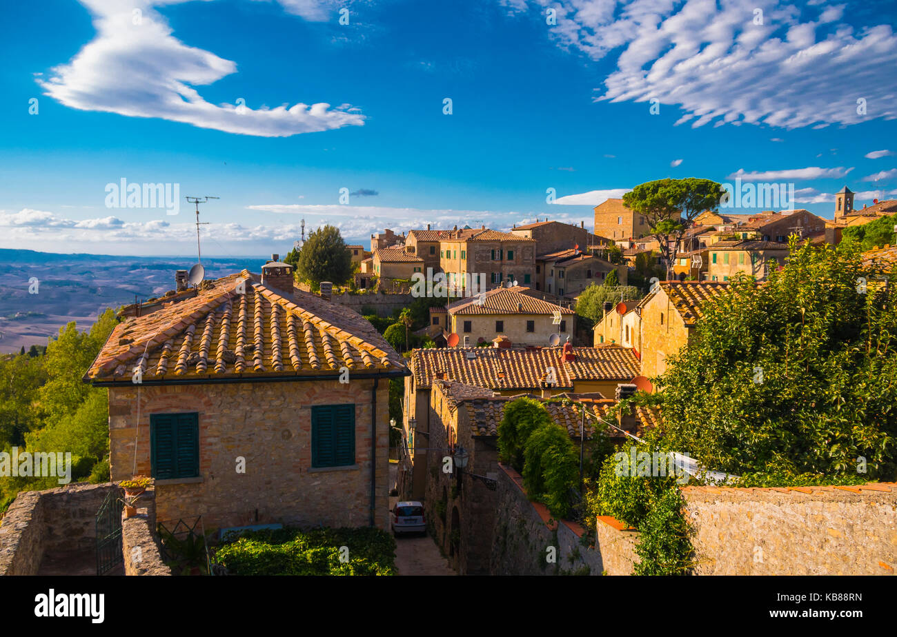 Aerial view over the historic city center of Volterra - a village in ...