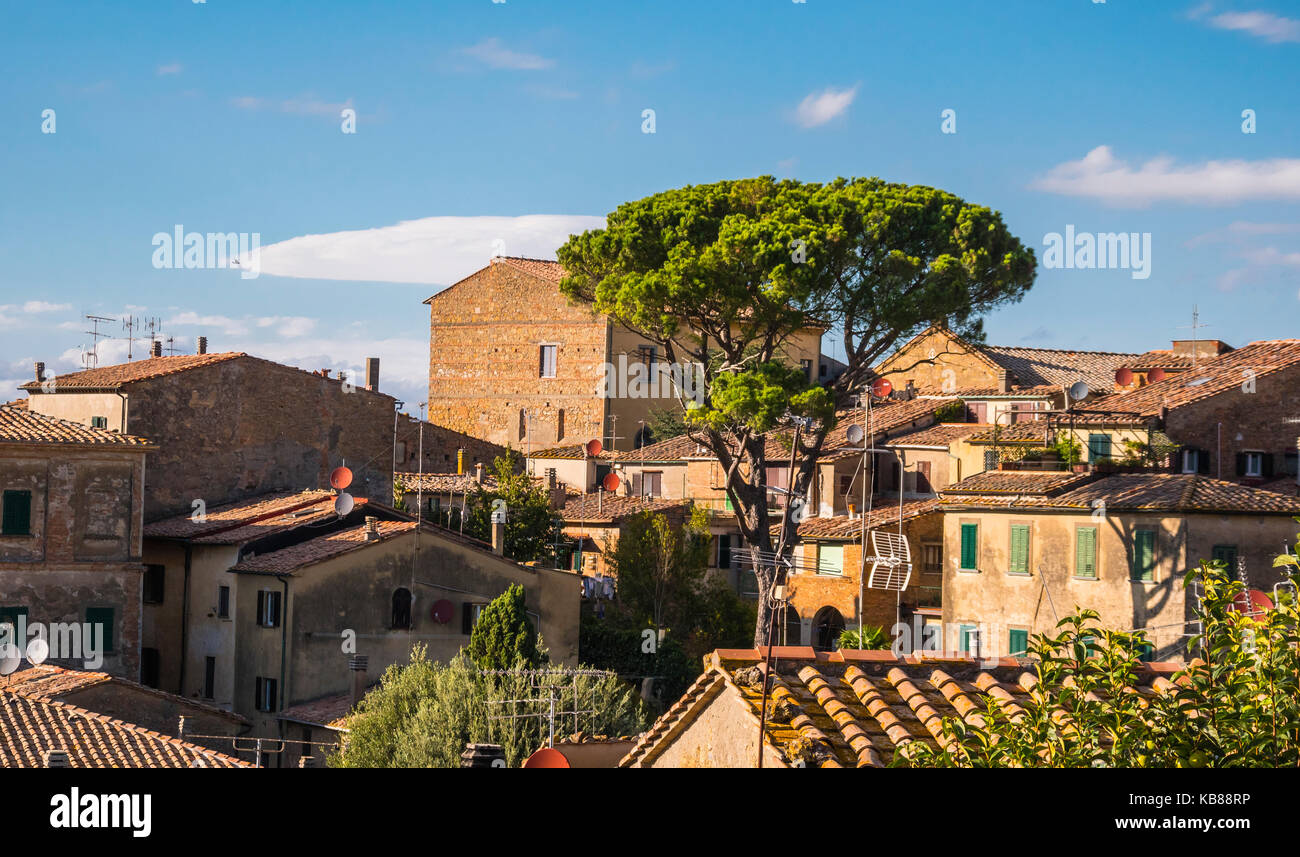 Aerial view over the historic city center of Volterra - a village in ...