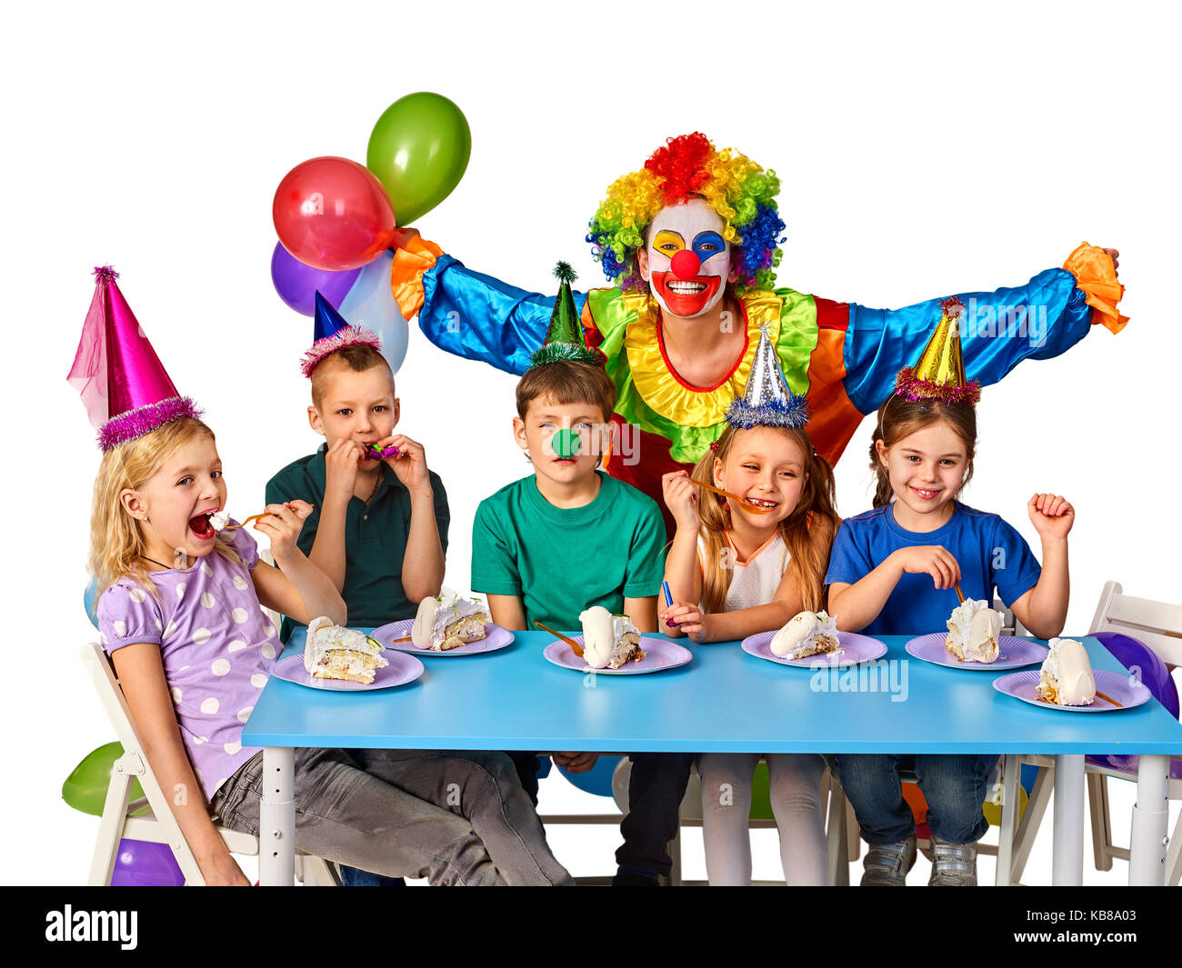Birthday child clown playing with children. Kid holiday cakes ...