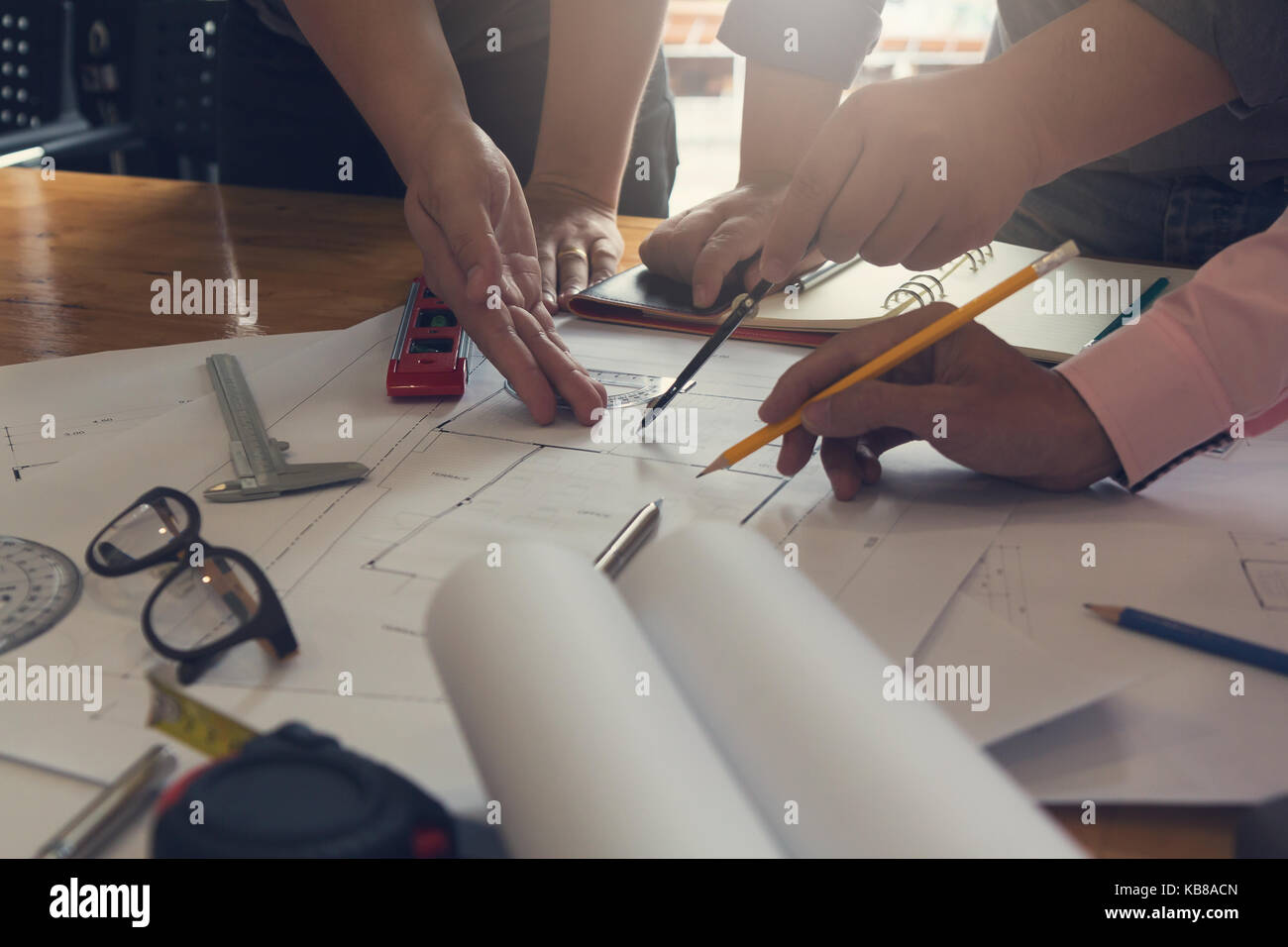 Engineer and Architect concept, Engineer Architects office team working ...