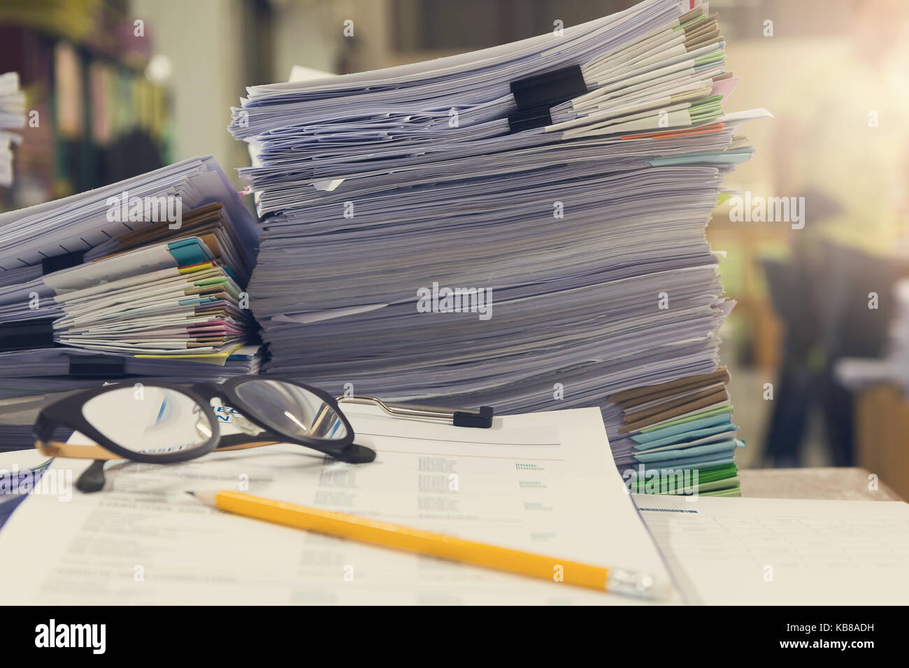 Business and finance concept of office working, Pile of unfinished ...