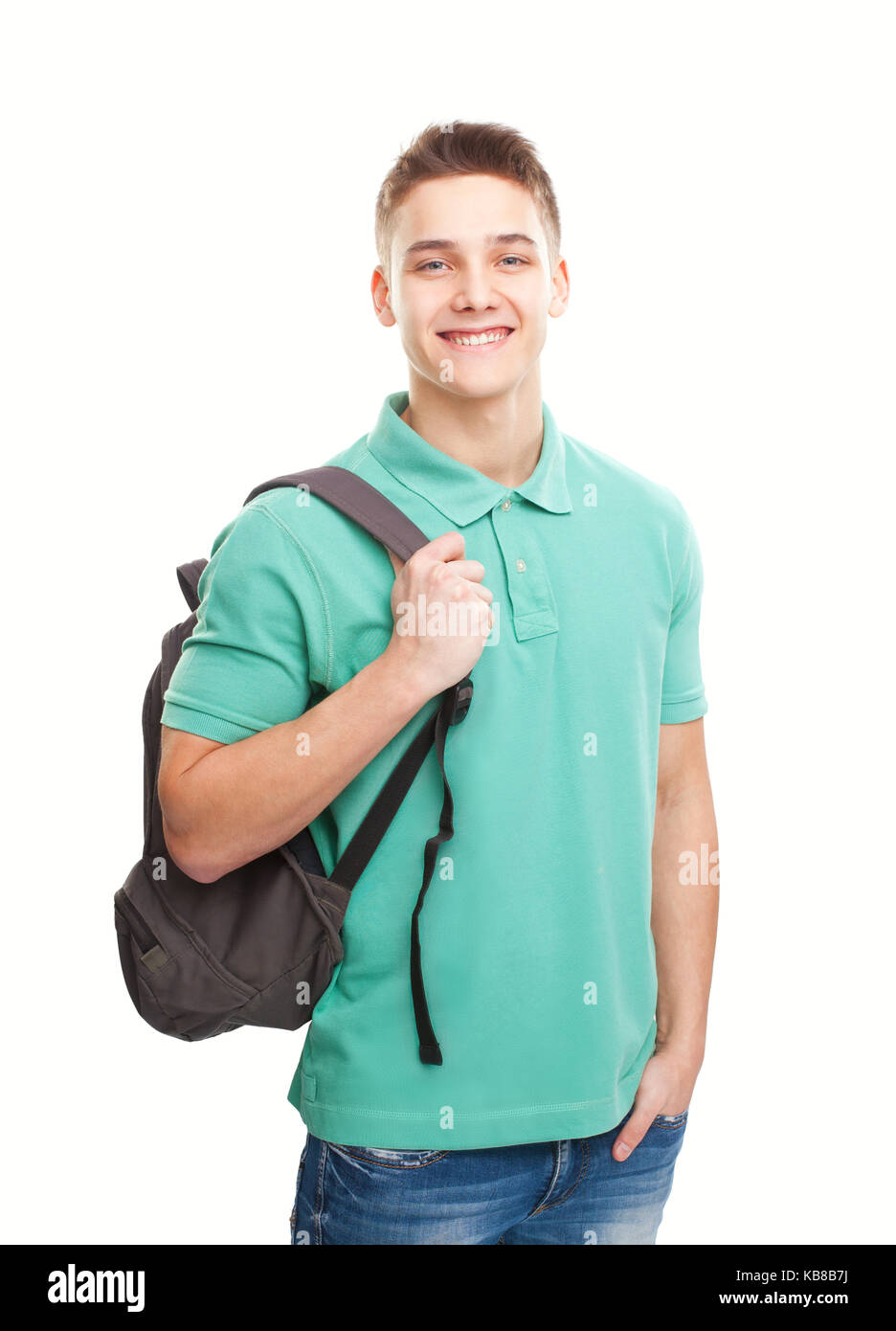 Portrait of happy smiling student with backpack isolated on white ...