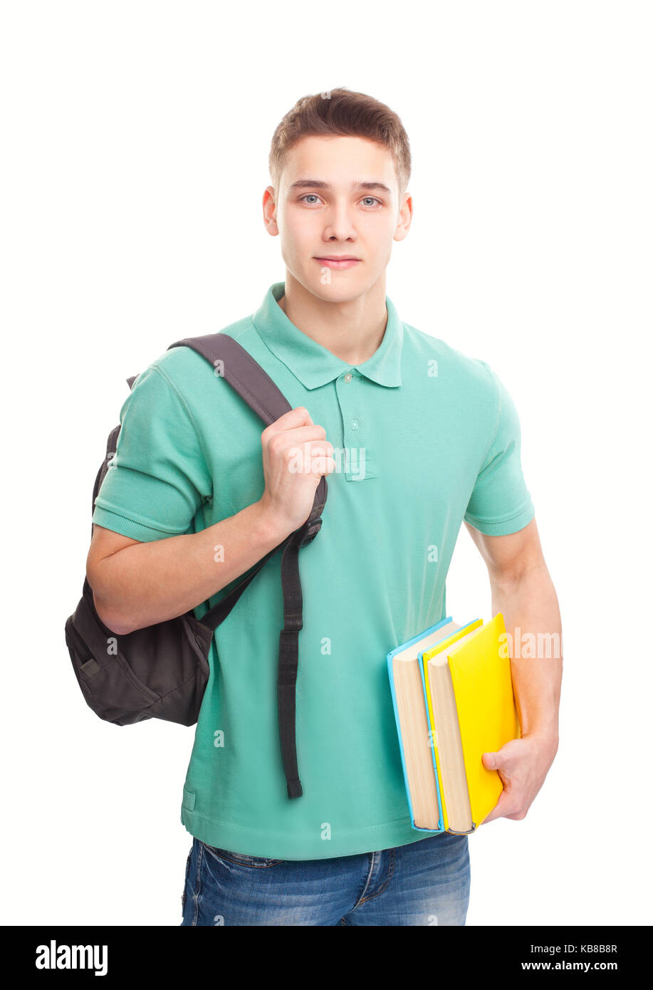 Portrait of happy smiling student with books and backpack isolated on ...
