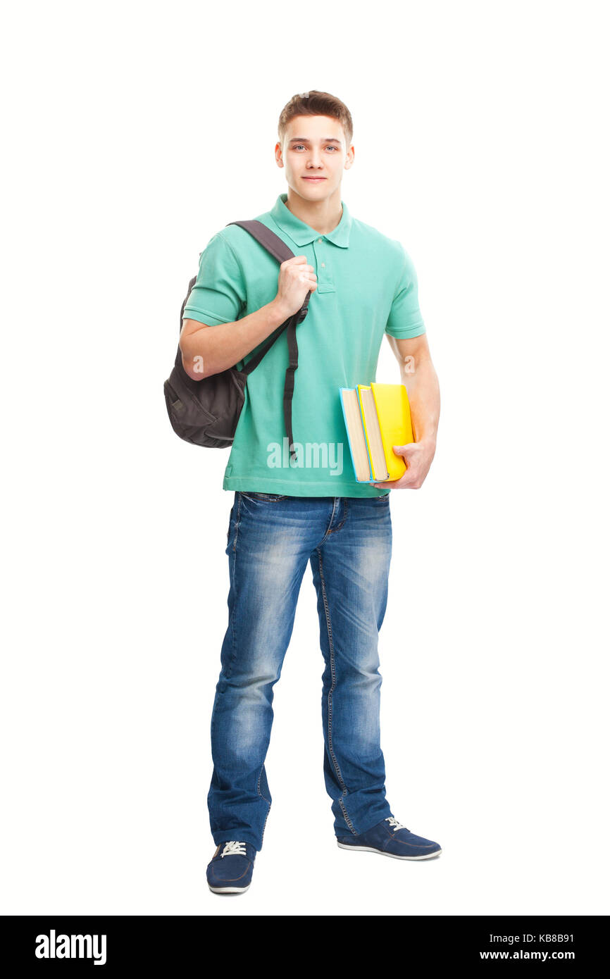 Full length portrait of happy smiling student with books and backpack ...