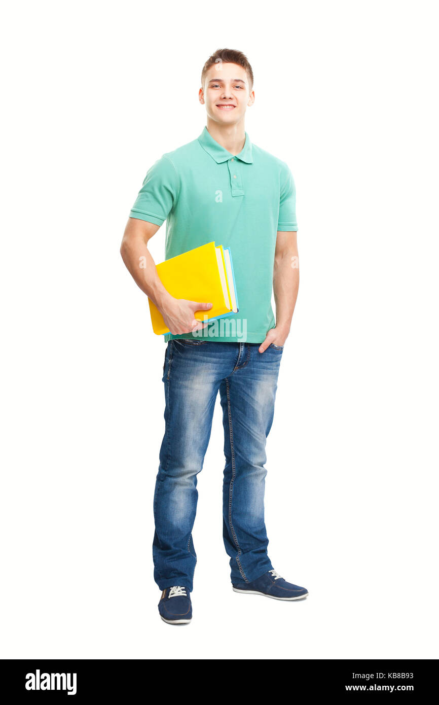 Full length portrait of happy smiling student with his notebook ...
