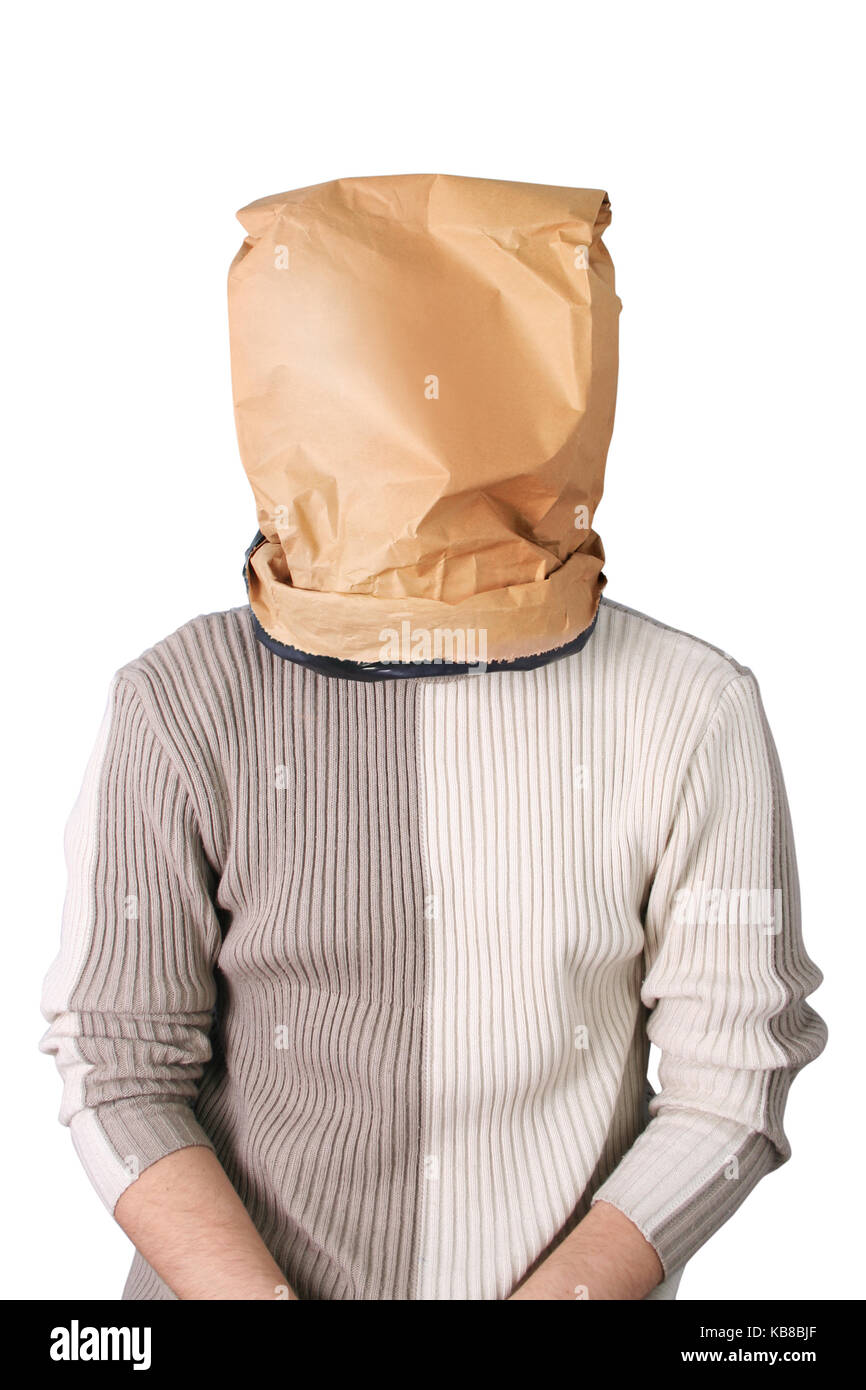 person with paper on head isolated on white background Stock Photo - Alamy