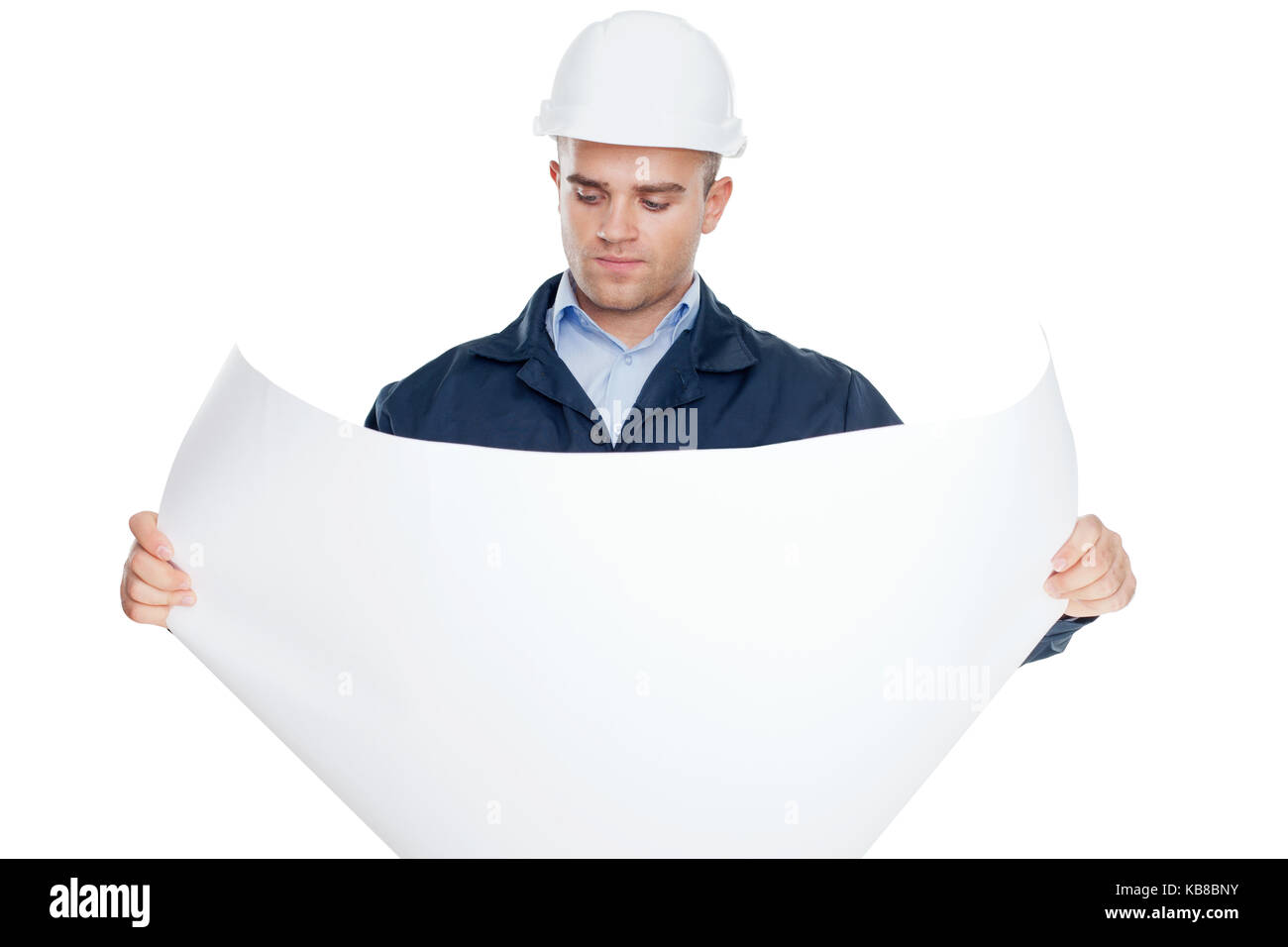 Young engineer looking at blueprint isolated on white background Stock ...