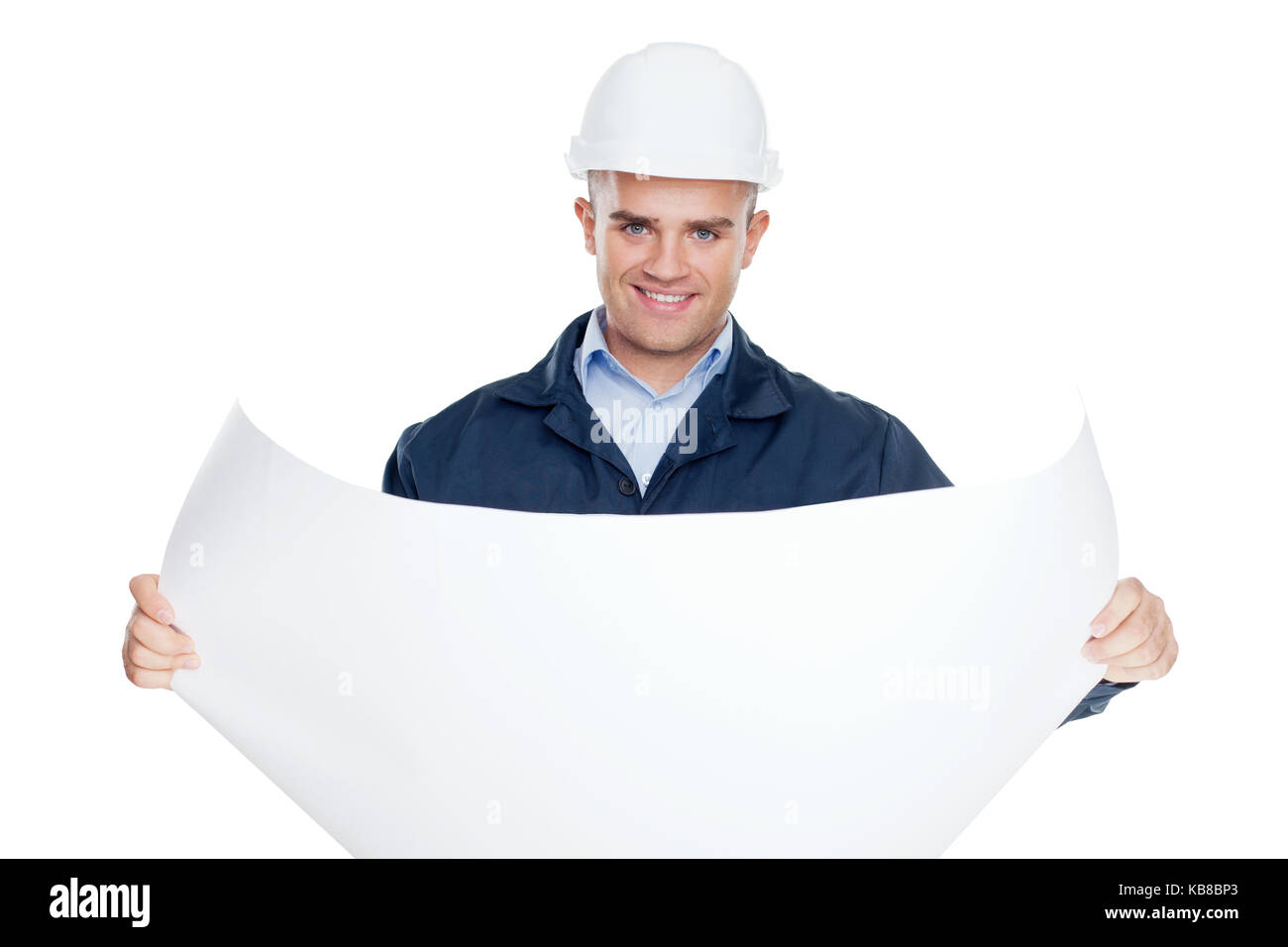Young engineer looking at blueprint isolated on white background Stock ...