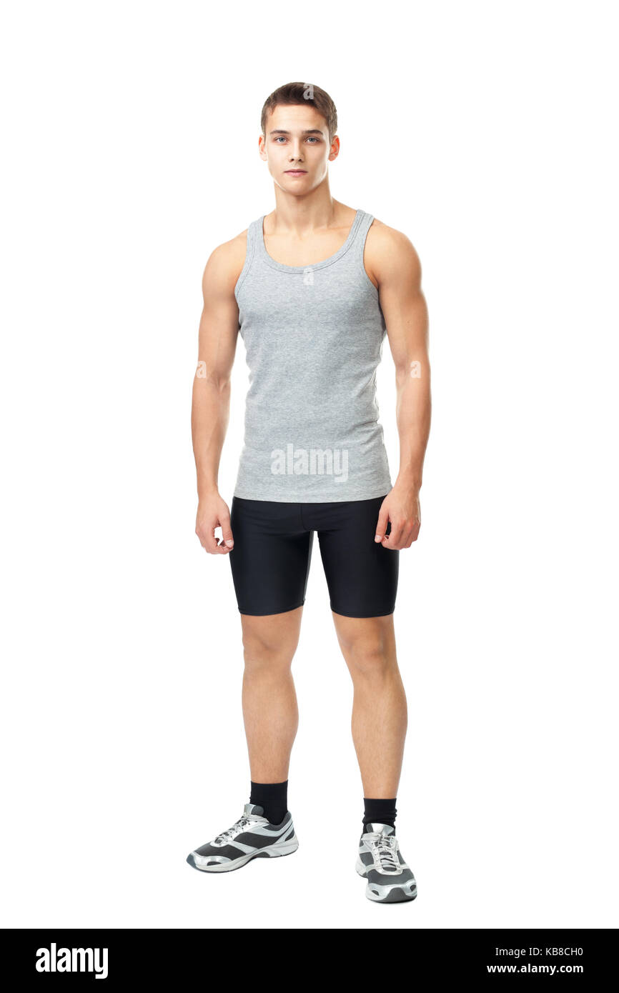 Full length portrait of young muscular athlete man isolated on white ...