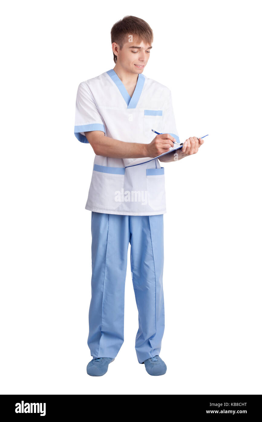 young smiling medical doctor fills the form in clipboard isolated on ...