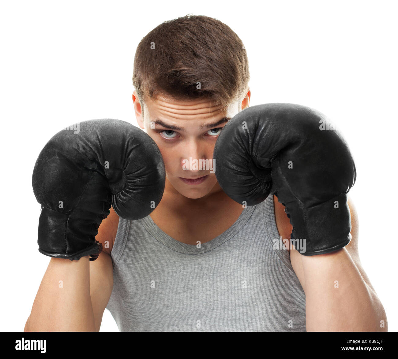 Close up portrait of young boxer ready to fight isolated on white ...