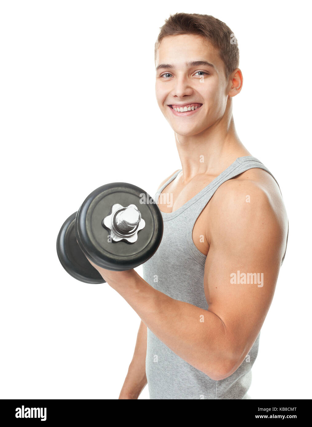 Portrait of smiling young fit muscular man exercising with dumbbells ...