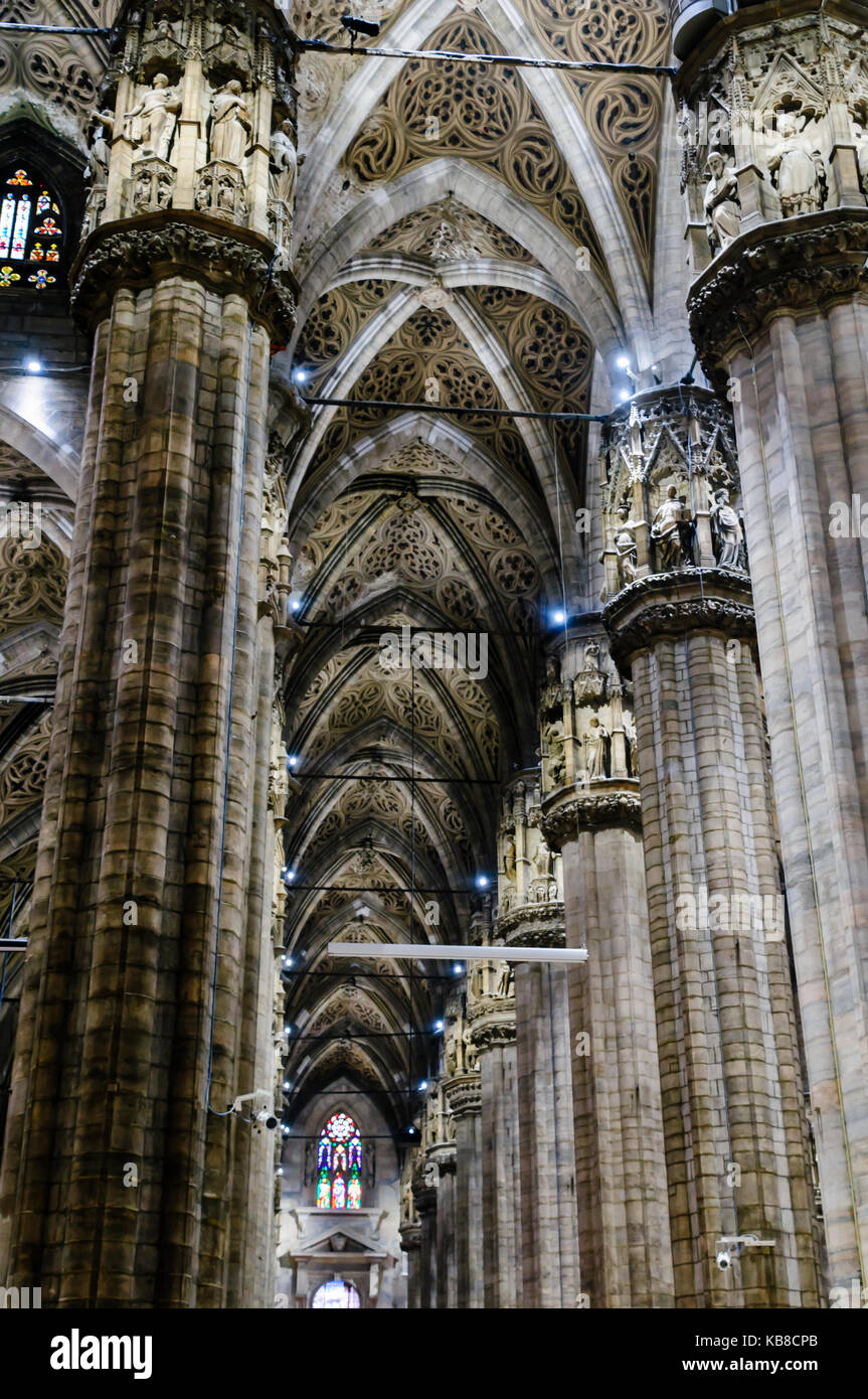 Tall columns holding up the vaulted roof of the Duomo Milano (Milan ...
