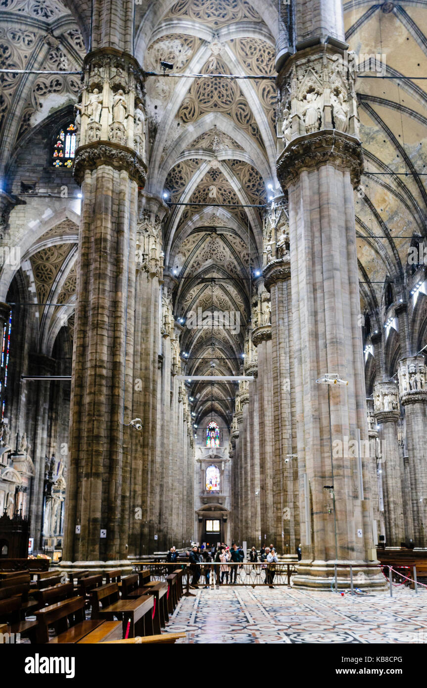 Tall columns holding up the vaulted roof of the Duomo Milano (Milan ...