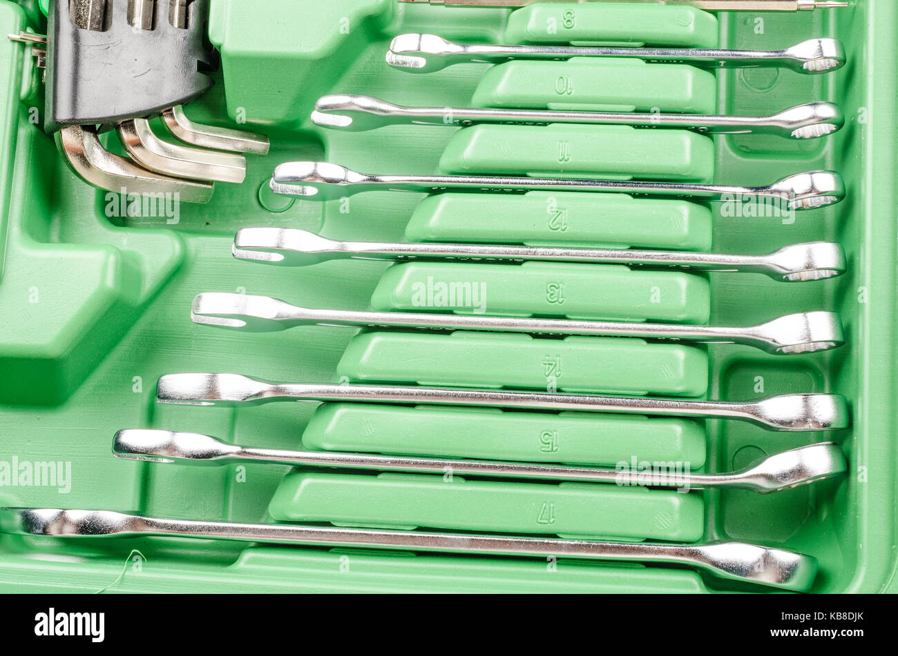 Wrenches assorted by size inside a tool box and arranged in a line ...