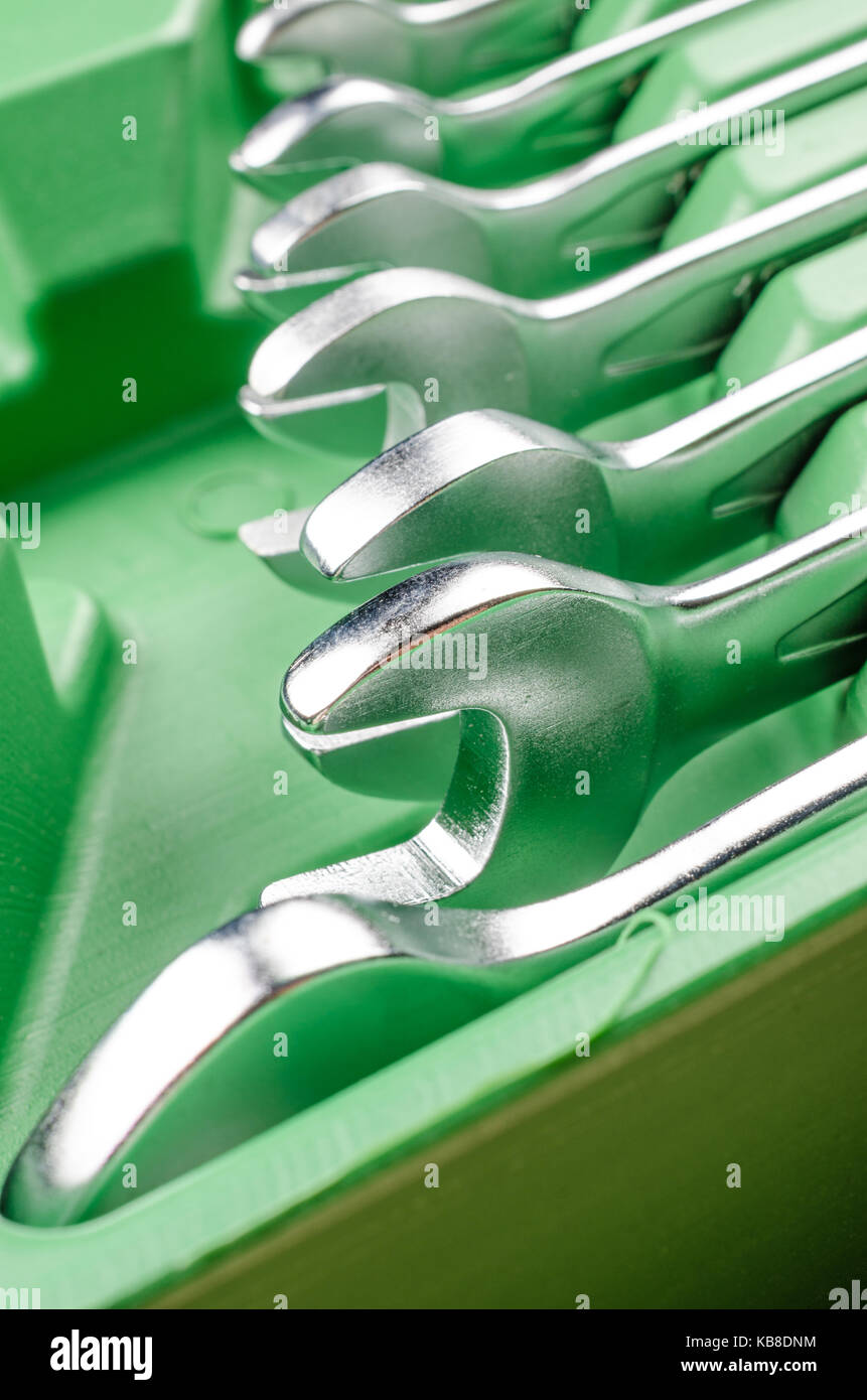 Wrenches assorted by size inside a tool box and arranged in a line ...