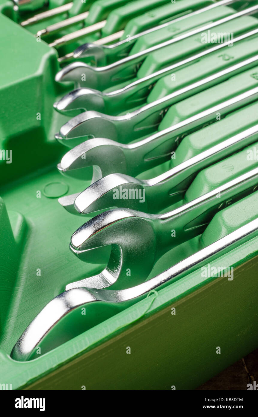 Wrenches assorted by size inside a tool box and arranged in a line ...
