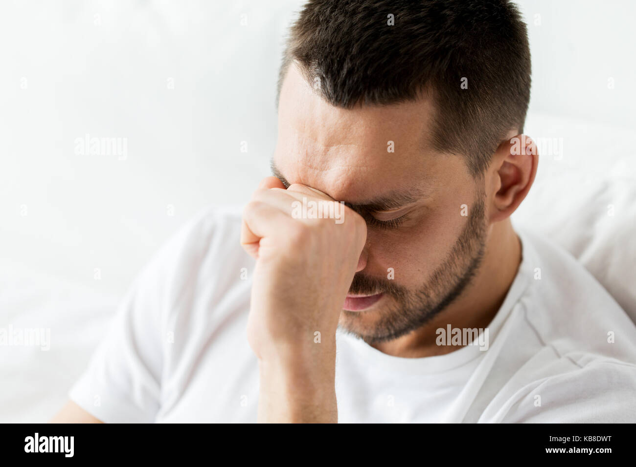close up of man in bed thinking Stock Photo - Alamy