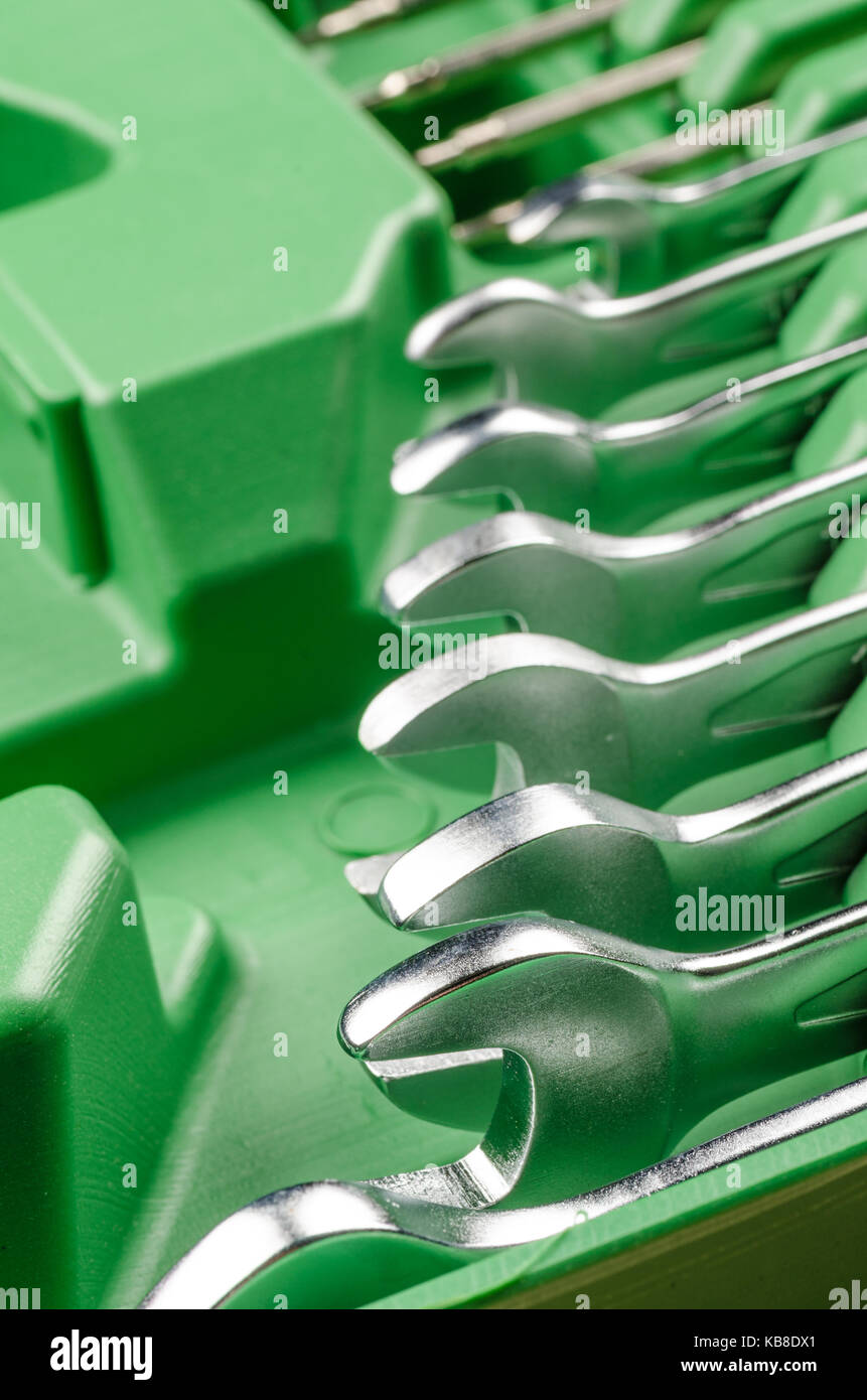 Wrenches assorted by size inside a tool box and arranged in a line ...