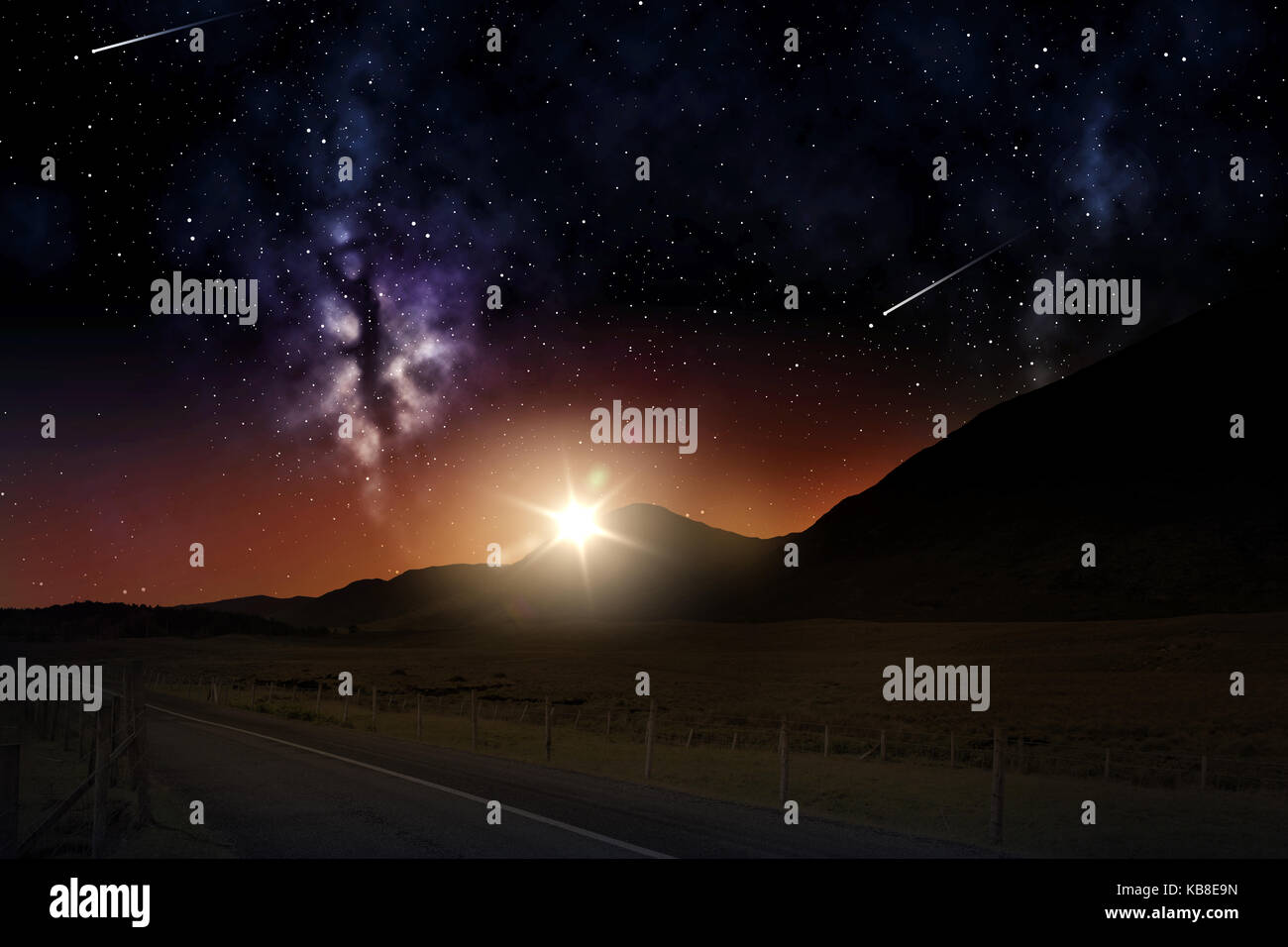 landscape over sunrise in night sky or space Stock Photo - Alamy