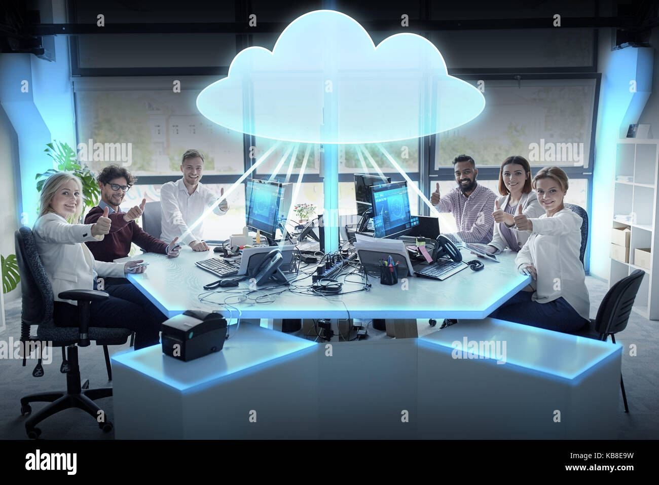 happy business team with cloud computing hologram Stock Photo - Alamy
