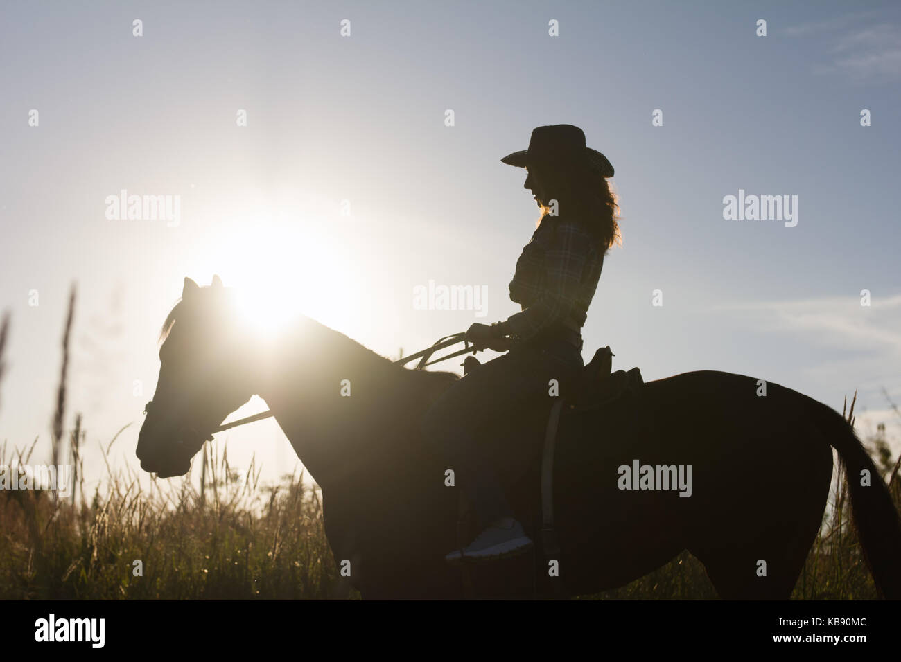 Silhouette of a woman in cowboy hat riding a horse - sunset or sunrise, horizontal Stock Photo ...