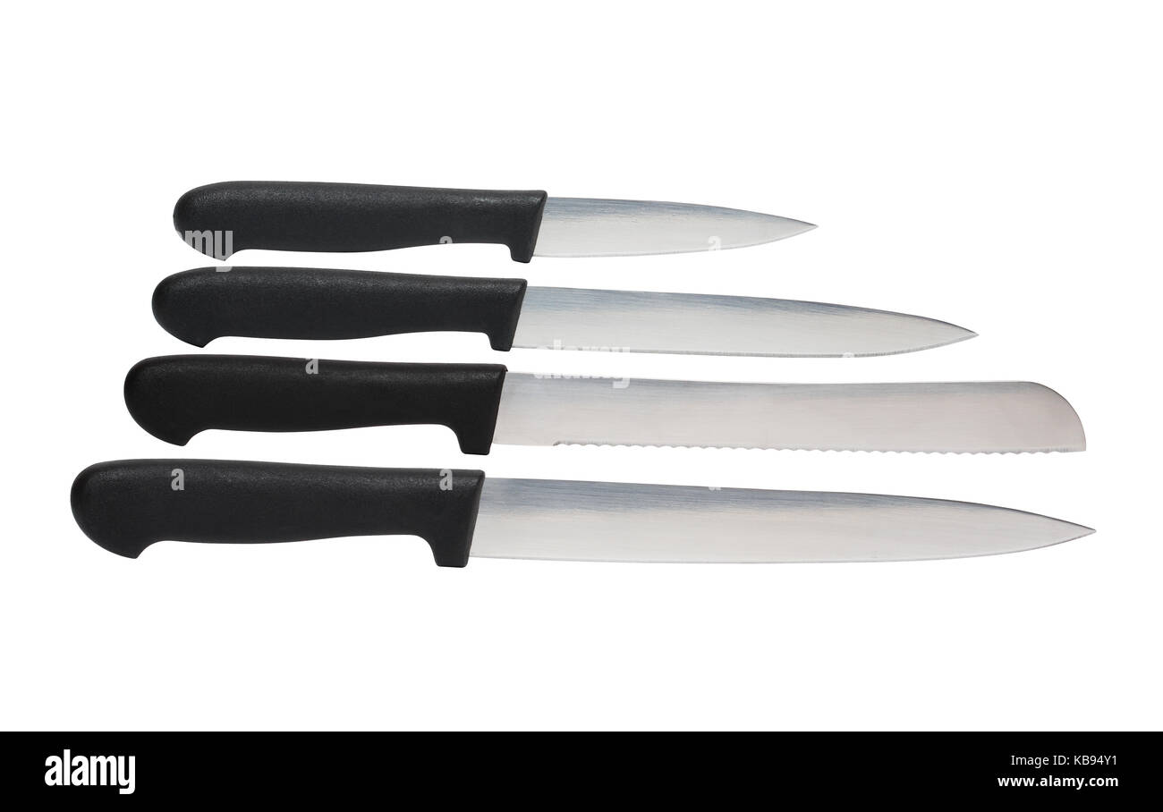 Kitchen knives set in a row on white background Stock Photo - Alamy