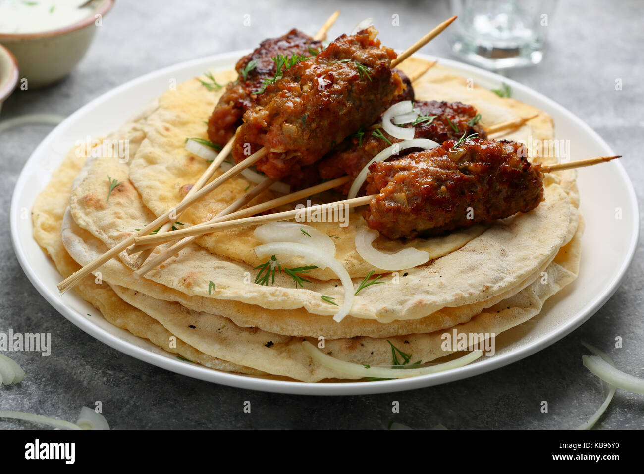 beef kebab and traditional bread, food closeup Stock Photo - Alamy